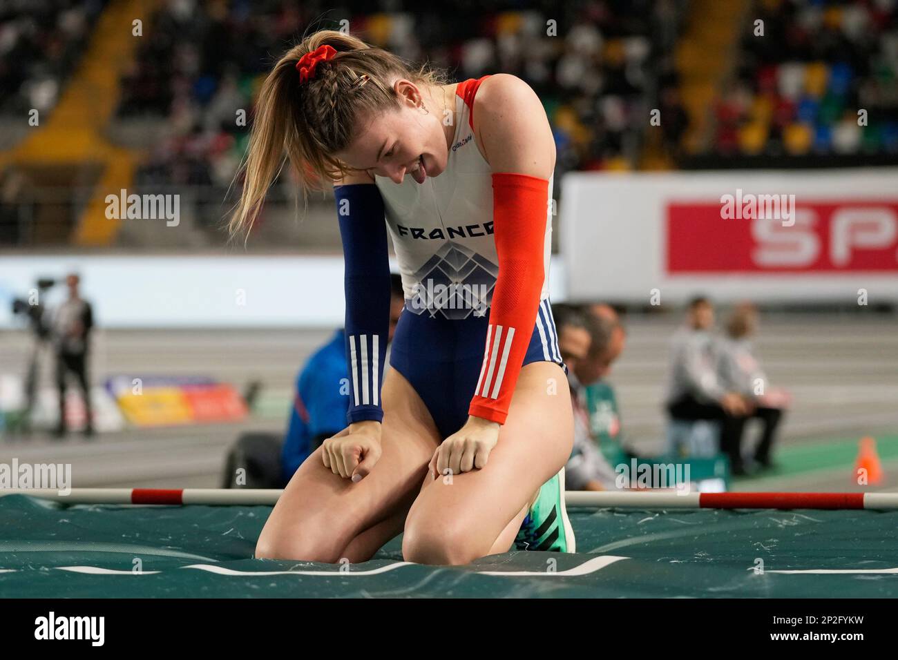 Margot Chevrier, of France, reacts after an attempt in the Women Pole ...