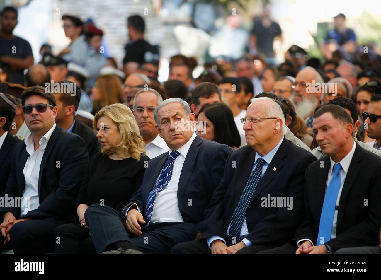 Israel's Prime Minister Benjamin Netanyahu, center, his wife Sara, second left, and President ...