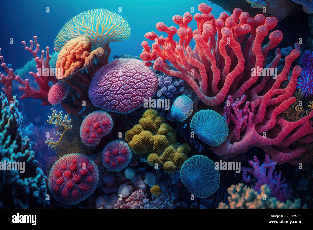 Beaux coraux marins hermatypiques de diverses espèces colorées sous la ...