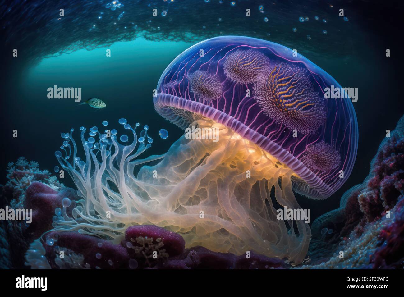 Belle méduse, mère d'eau et corals marins hermatypiques élaborés de ...