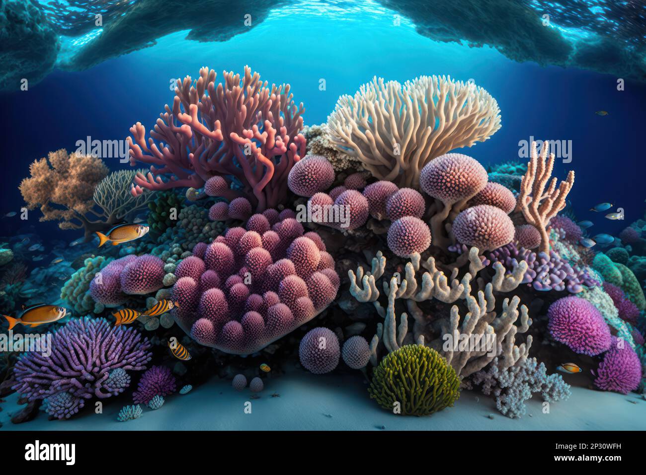 Beaux coraux marins hermatypiques de diverses espèces colorées sous la ...