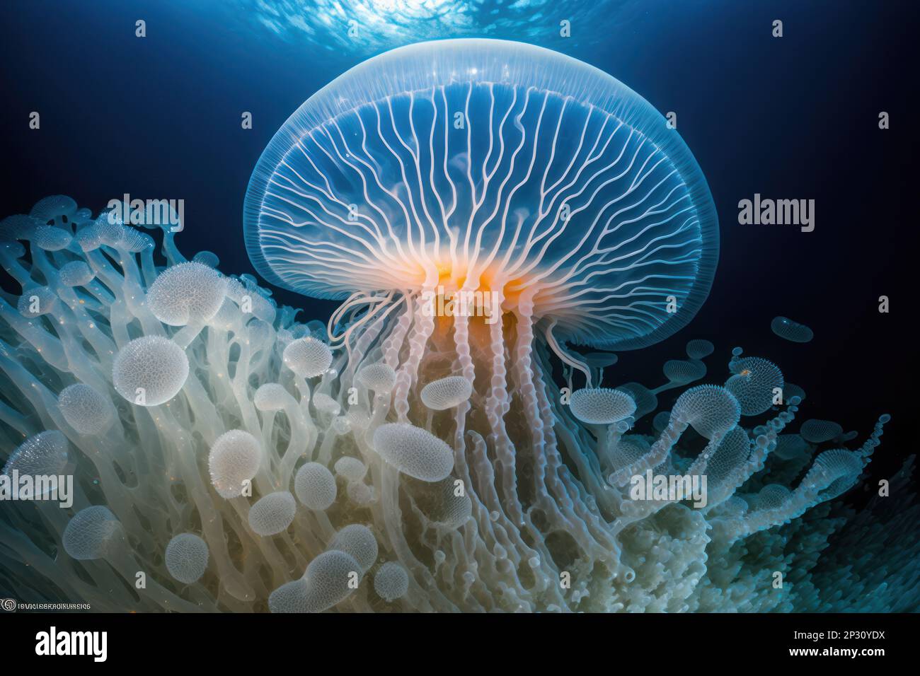 Belle méduse, mère d'eau et corals marins hermatypiques élaborés de ...