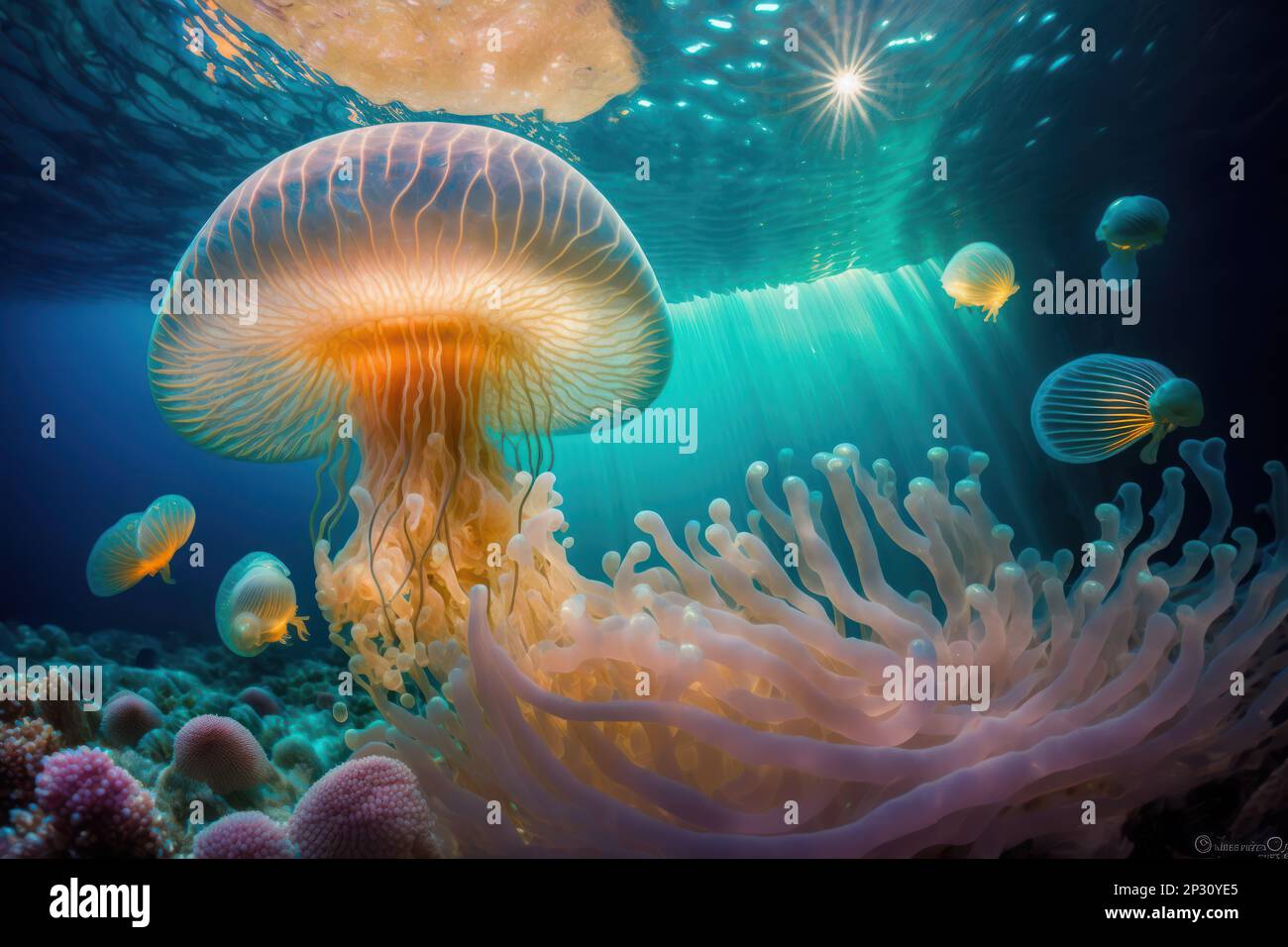 Belle méduse, mère d'eau et corals marins hermatypiques élaborés de ...