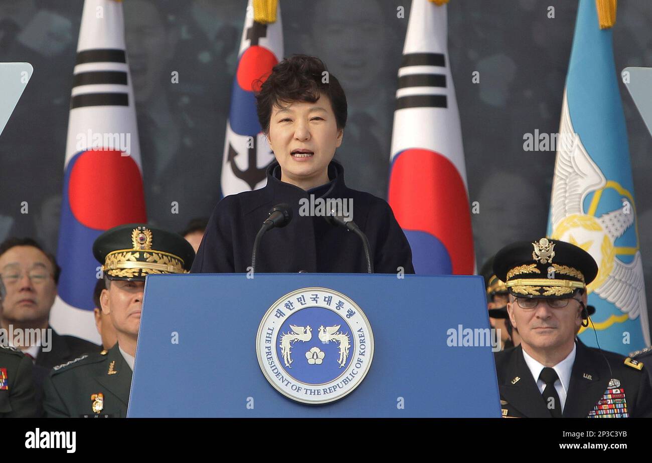 South Korean President Park Geun-hye delivers a speech during a ...