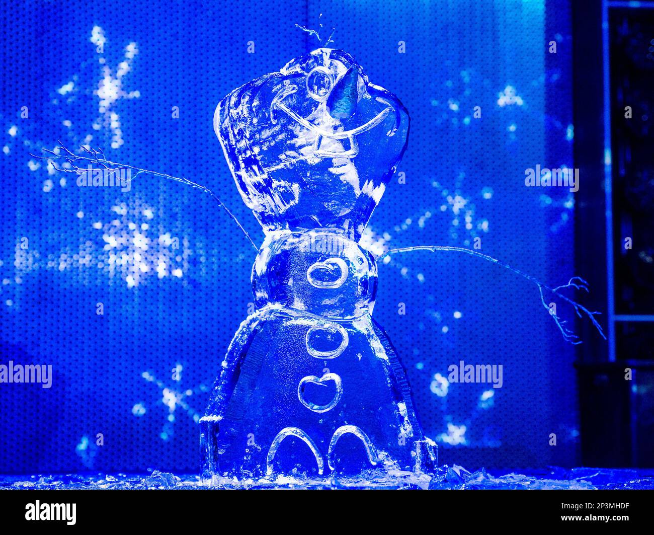 An ice sculpture of Olaf from the movie "Frozen" carved by Ice Princess ...