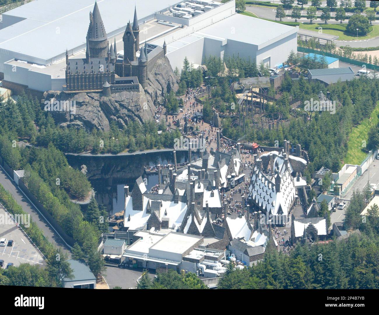An aerial photo shows the Hogwarts Castle at the Wizarding World of Harry Potter, a new ...