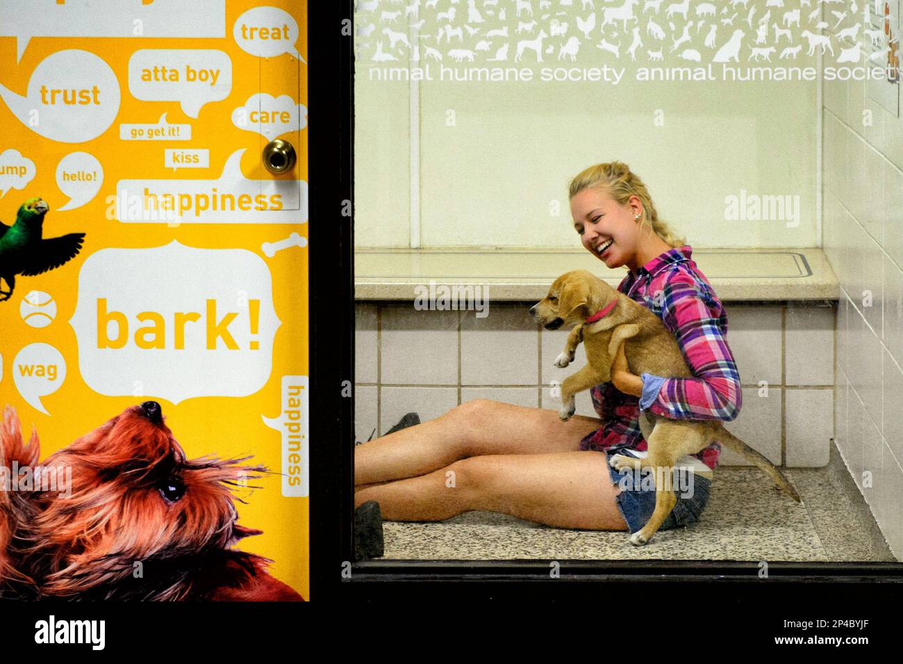Melissa Eitel plays with one of the dogs available for adoption at the ...