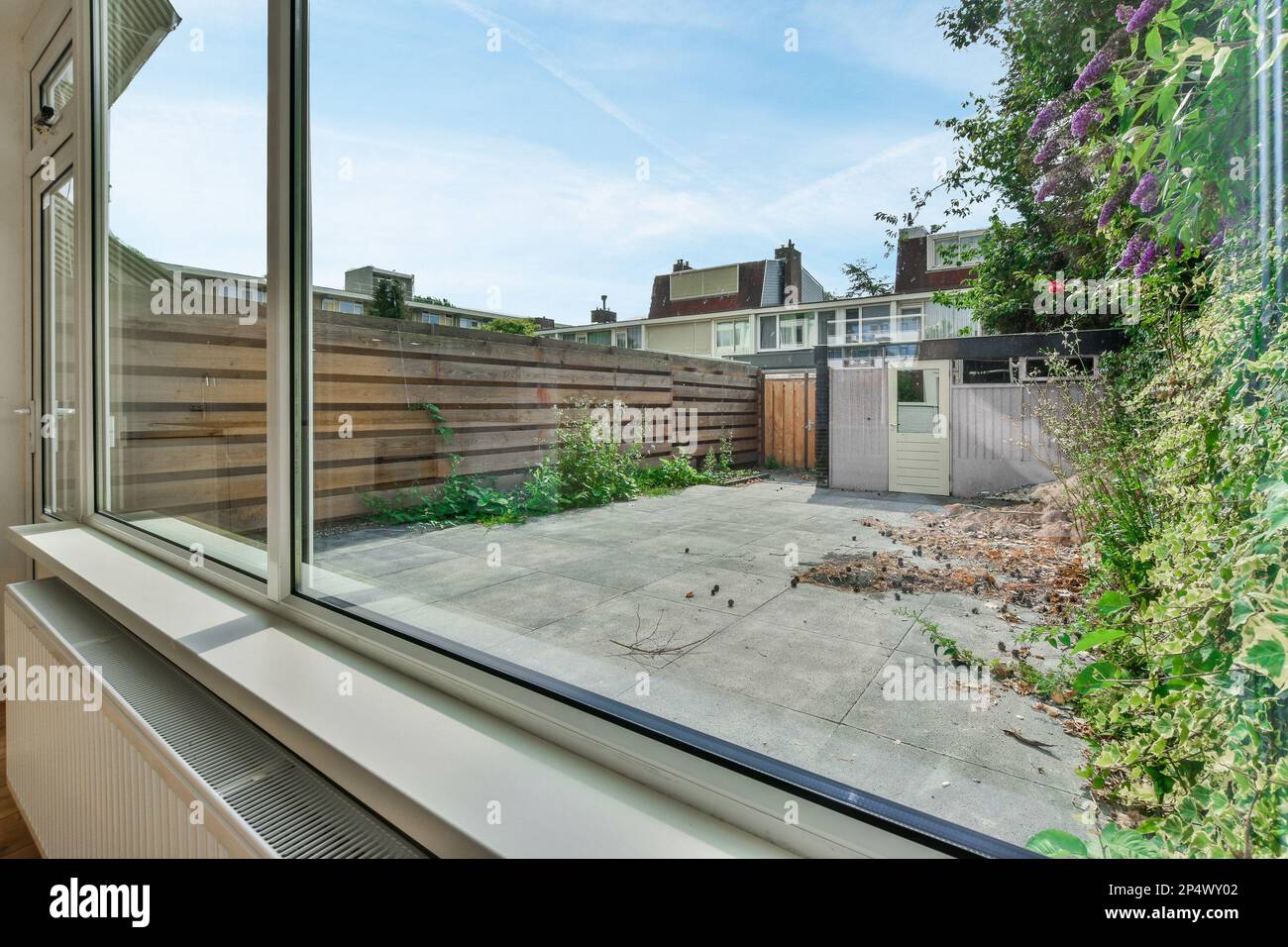 une zone extérieure avec des plantes et des fleurs sur les rebords de ...