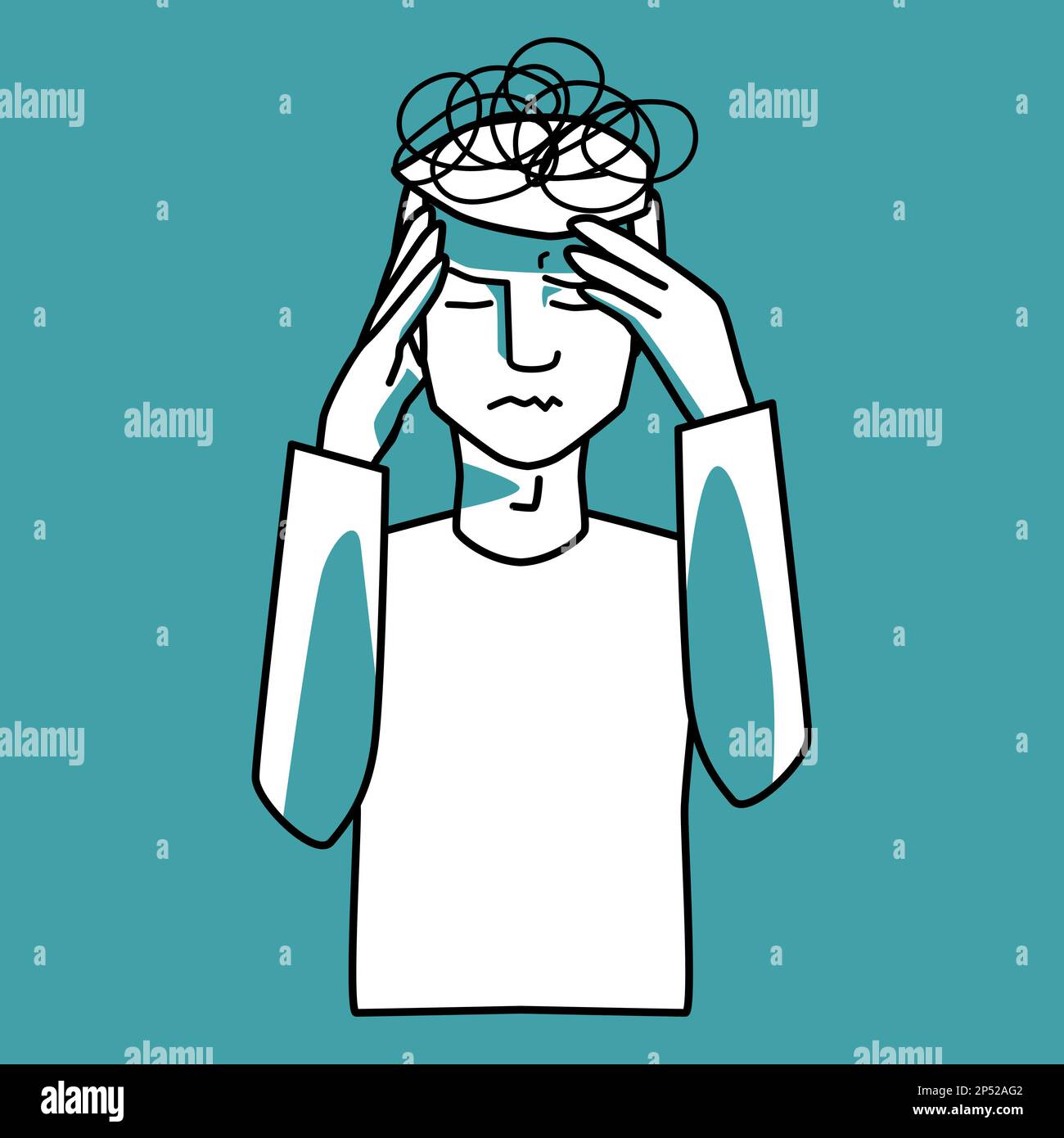 Personnage masculin stressé, menthe et blanc, tenant les mains sur sa ...