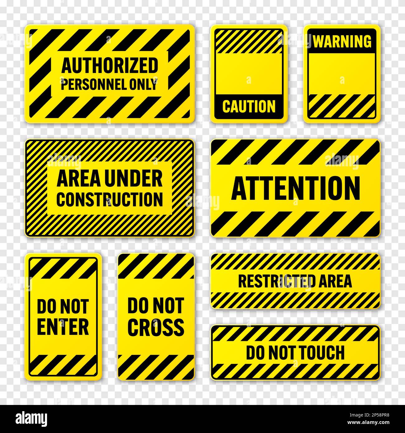 Divers panneaux d'avertissement noirs et jaunes avec lignes diagonales. Panneau attention ...