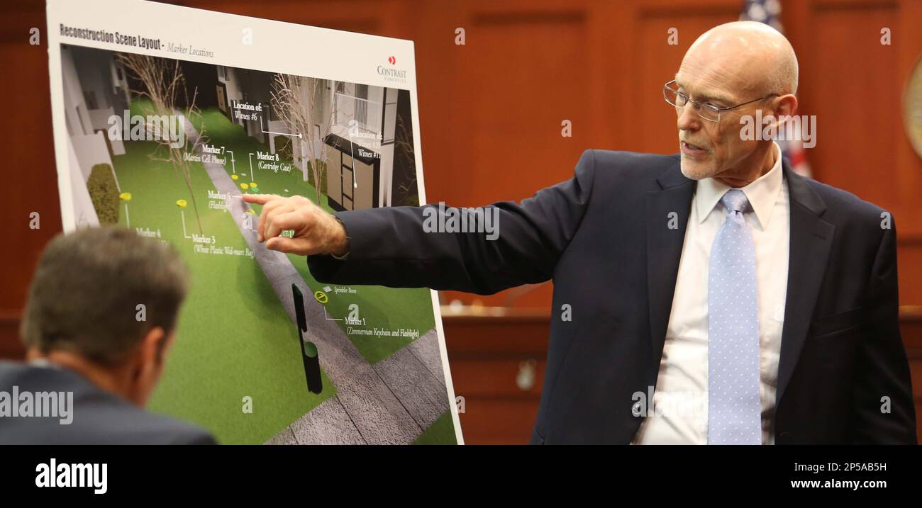 Don West, defense attorney for George Zimmerman, displays a graphic ...