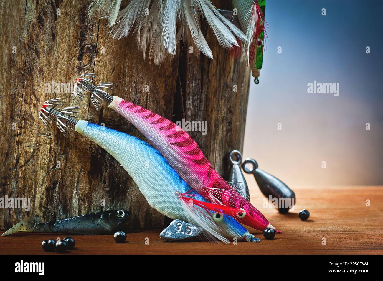 Appâts artificiels pour la pêche avec des hameçons et des pesées sur le ...