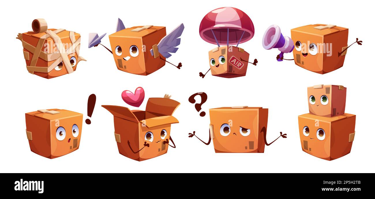 Adorable personnage de boîte de colis, mascotte de livraison heureuse ...