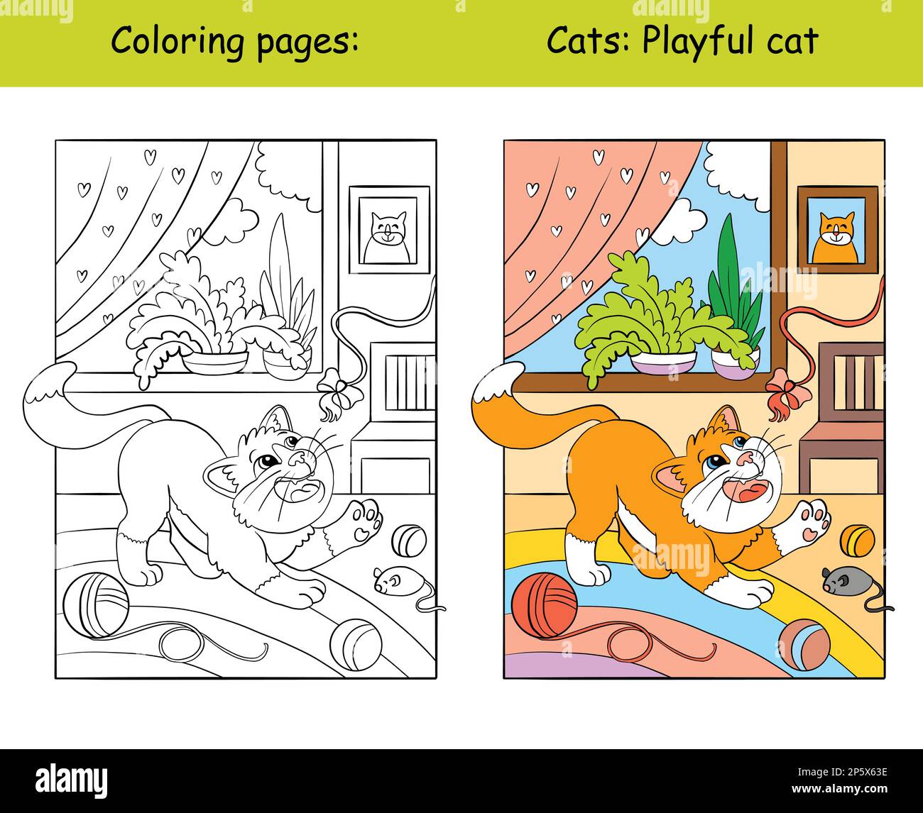 Enfants colorant avec un chat de gingembre mignon joue avec une boule ...