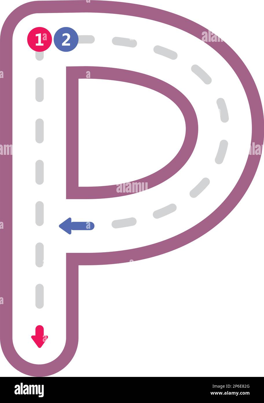 Tracé lettre de l'alphabet P majuscule préécriture élément de ligne ...