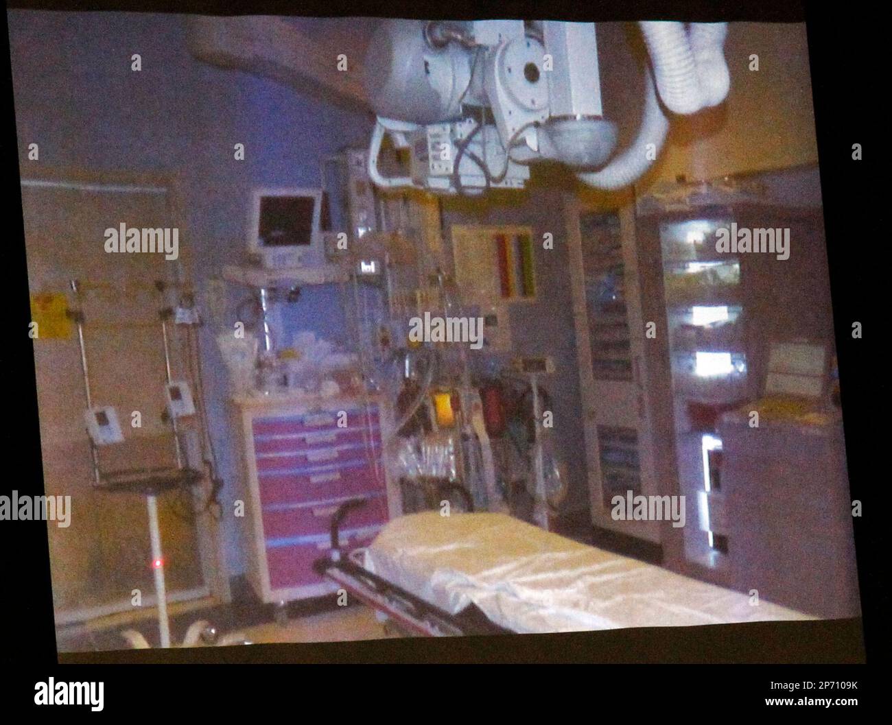 The trauma room at UCLA Medical Center is shown in this evidence photo ...