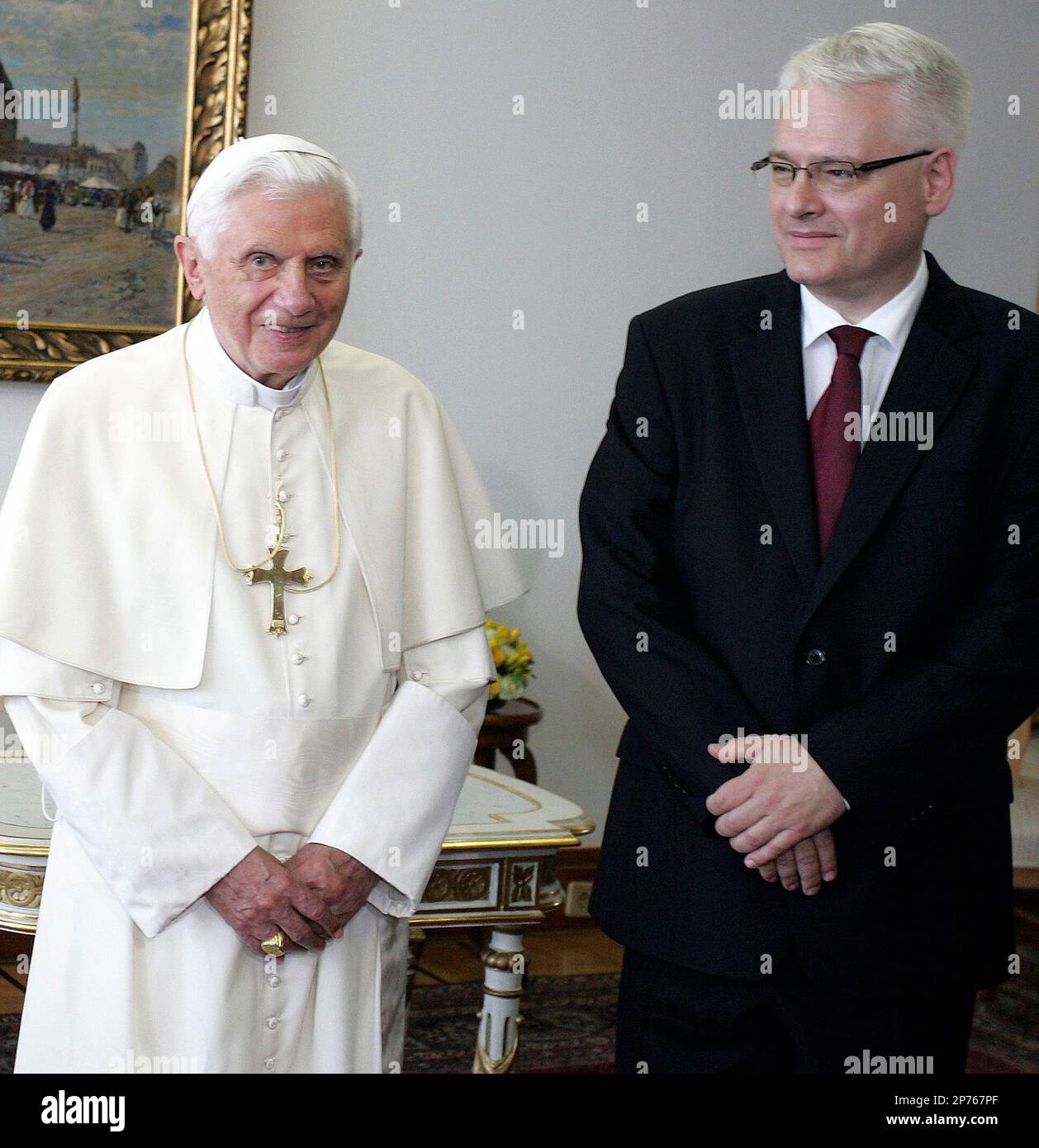 Croatian President Ivo Josipovic, right, welcomes Pope Benedict XVI at ...