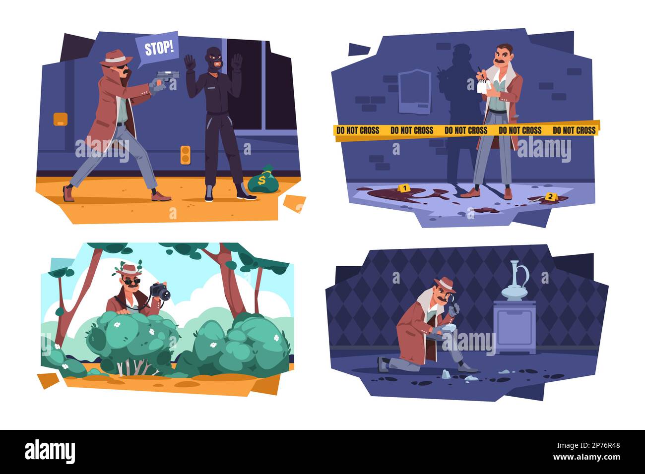 Scènes de détective. Personnage d'enquêteur de dessin animé à la ...