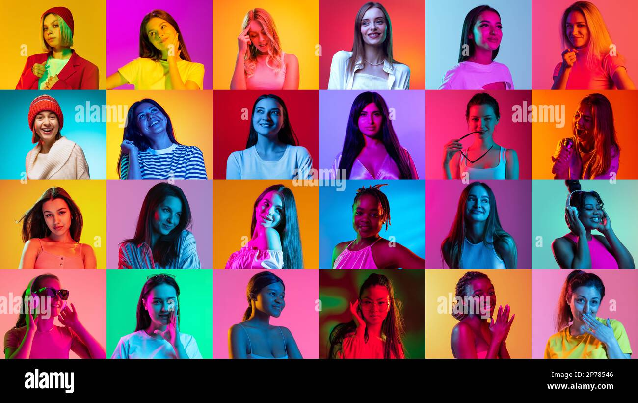 Émotions et expressions du visage. Collage de jeunes femmes issues de ...