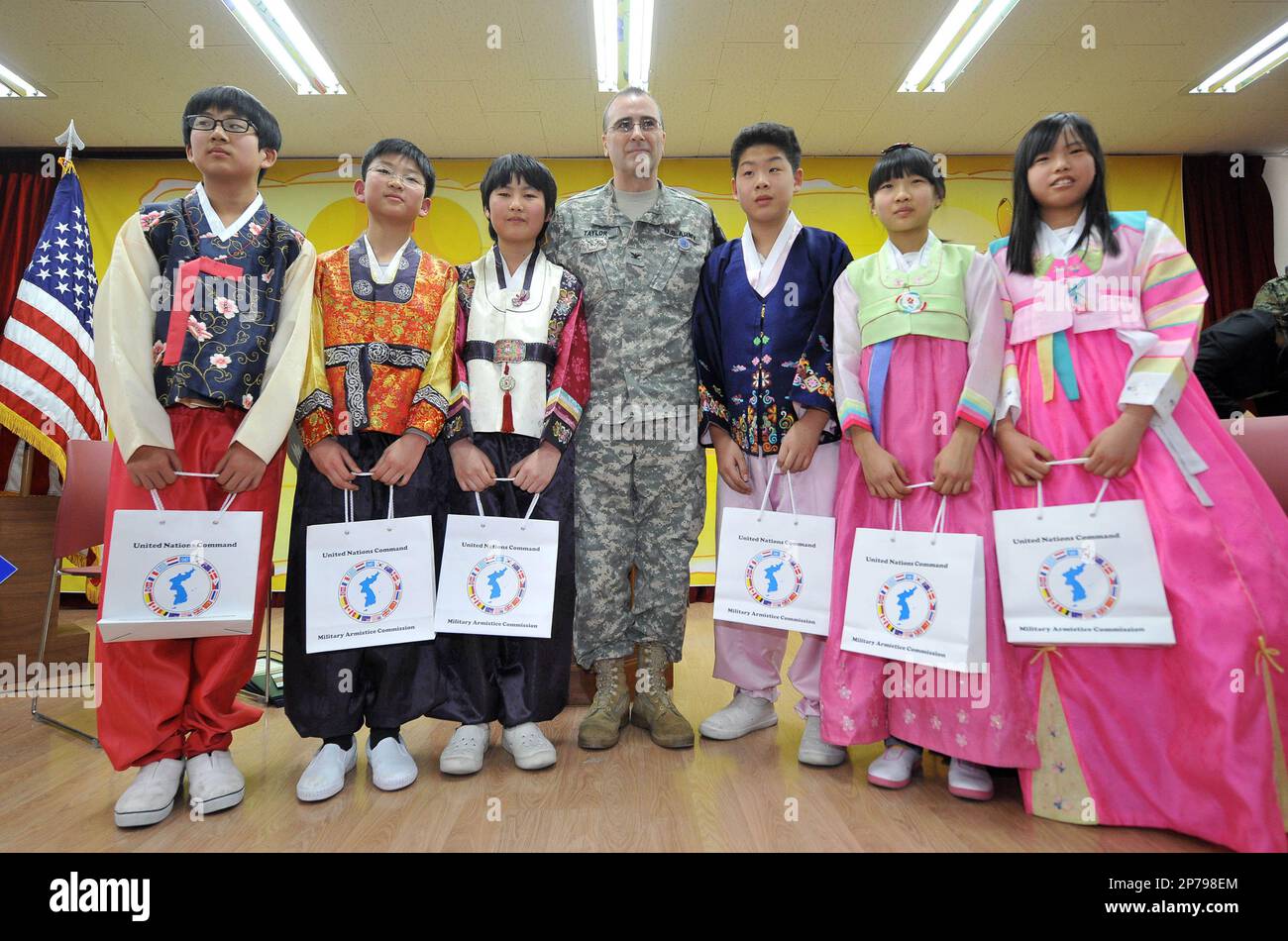 U.S. Army Col. Kurt Taylor, center, from the United Nations Command ...
