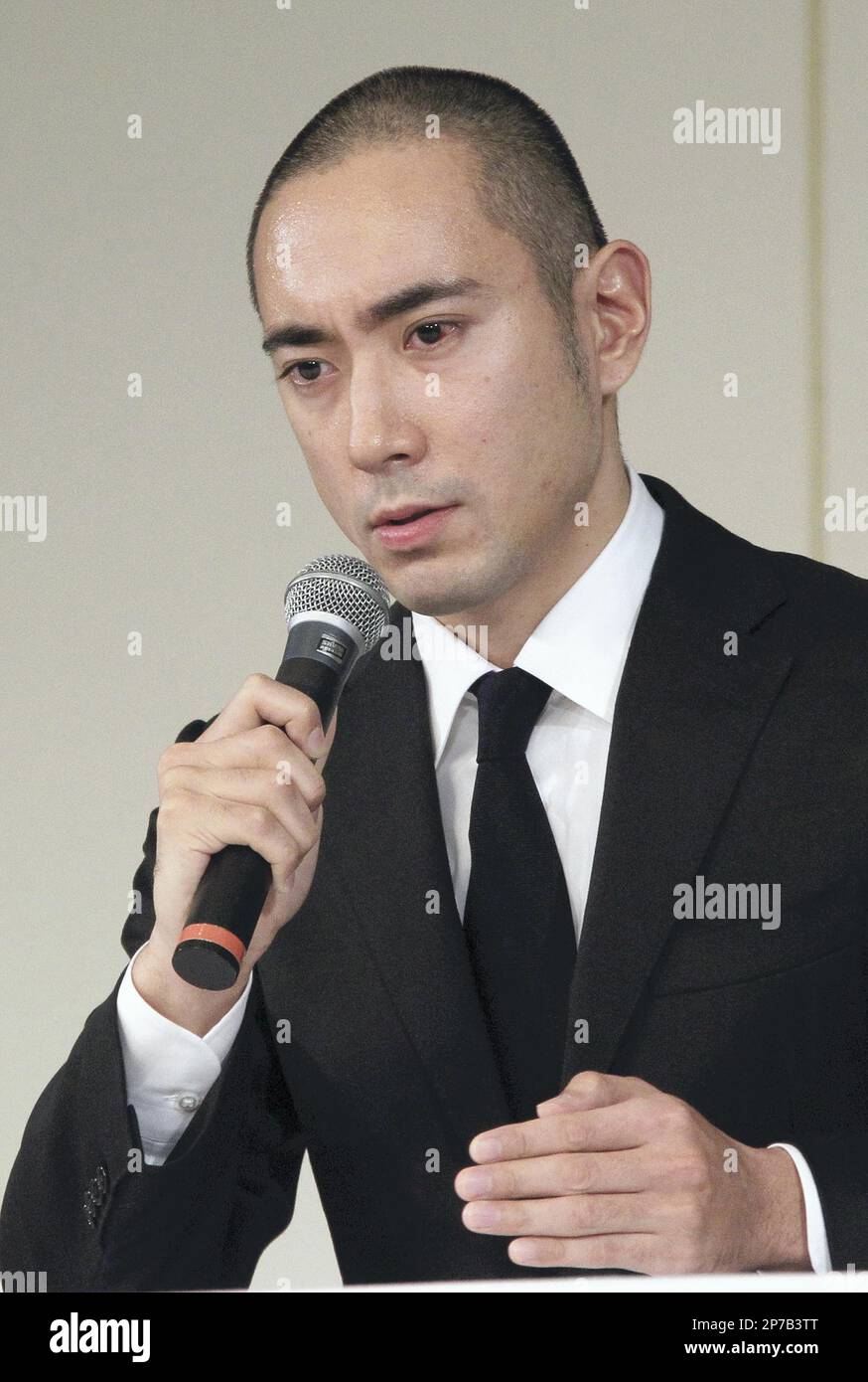 Kabuki actor Ebizo Ichikawa speaks during a press conference at a hotel ...