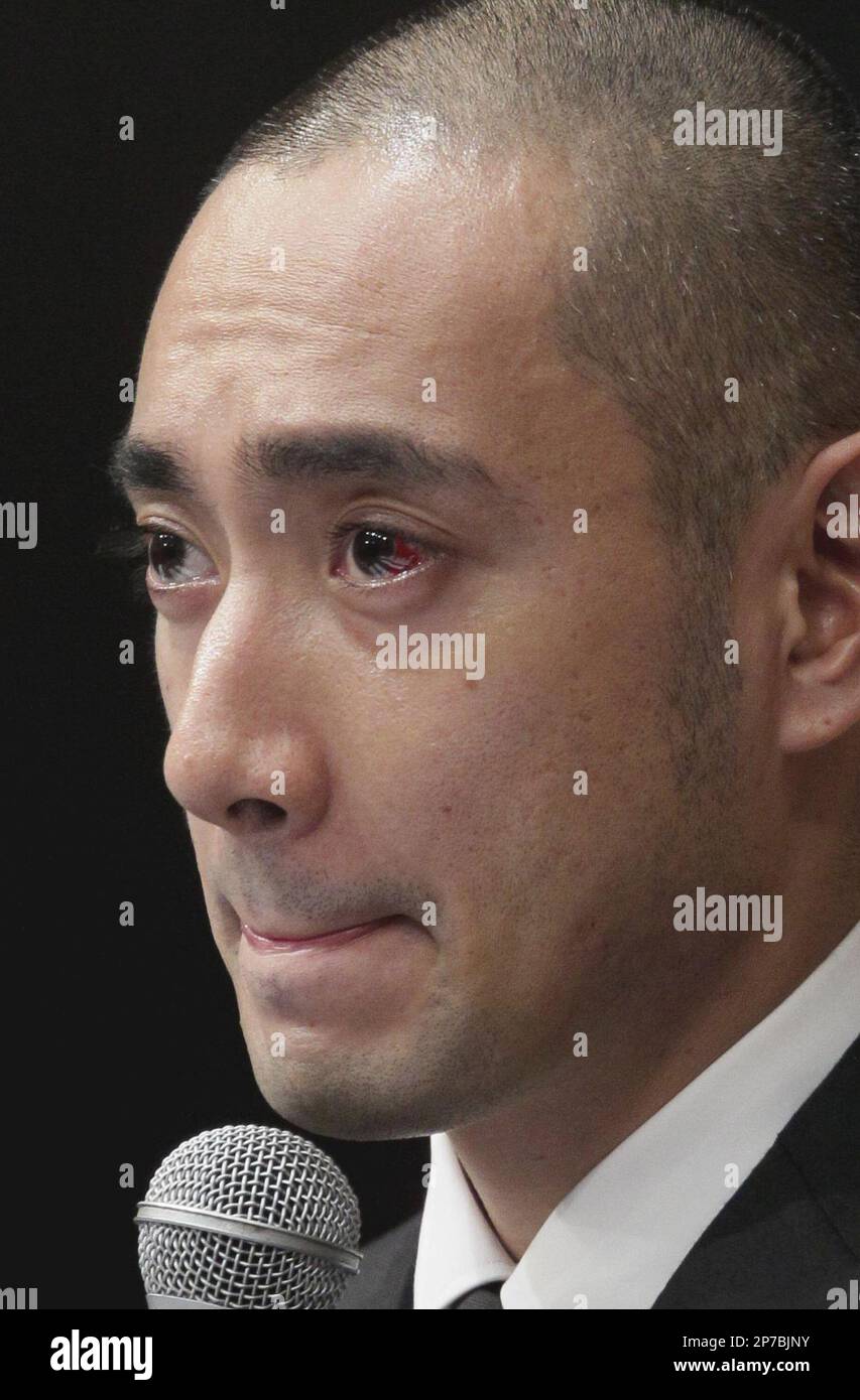 Kabuki actor Ebizo Ichikawa speaks during a press conference at a hotel in Shinagawa, Tokyo, Dec ...