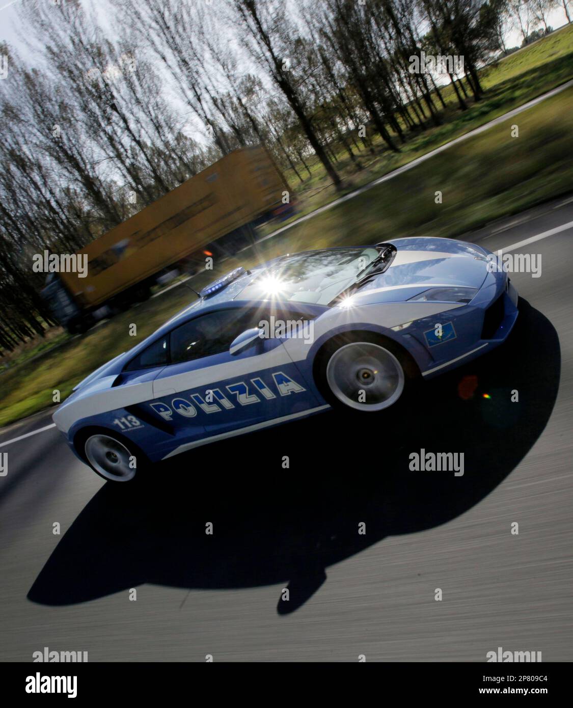 A Lamborghini police car of the Italian Traffic Police, with a top ...