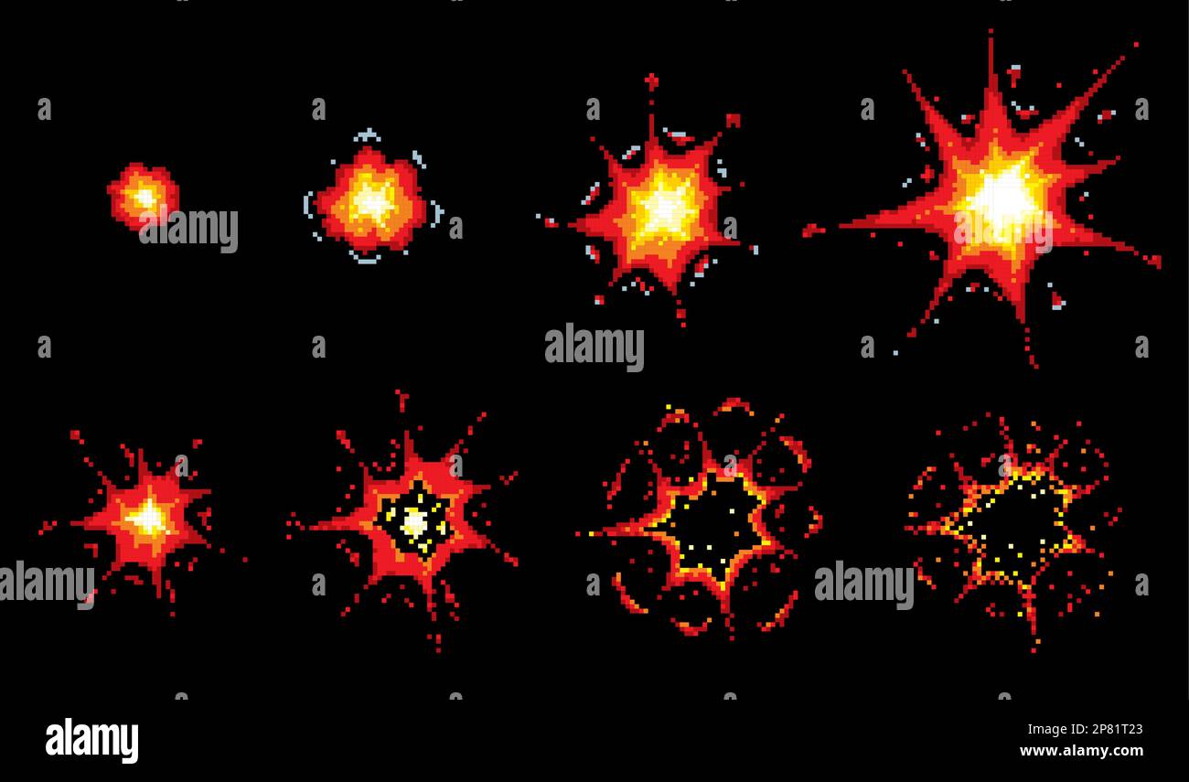 Pixel art explosion et animation en rafale. rampe 8 bits, explosion ...