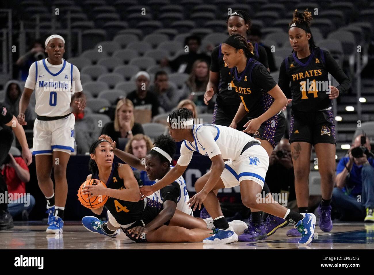 East Carolina guard Synia Johnson (4) looks to make a pass after ...