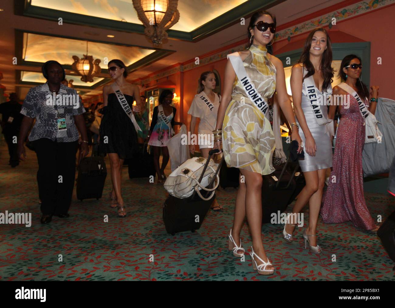 Miss Indonesia Zivanna Letisha Siregar, front left, Miss Ireland Diana ...