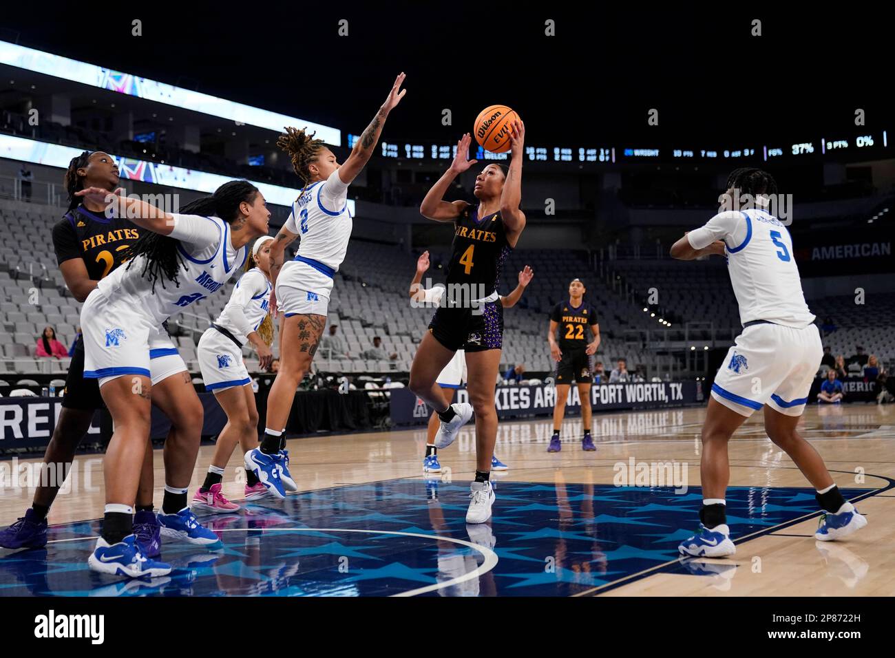 East Carolina guard Synia Johnson (4) takes a shot betwwen Memphis 's ...