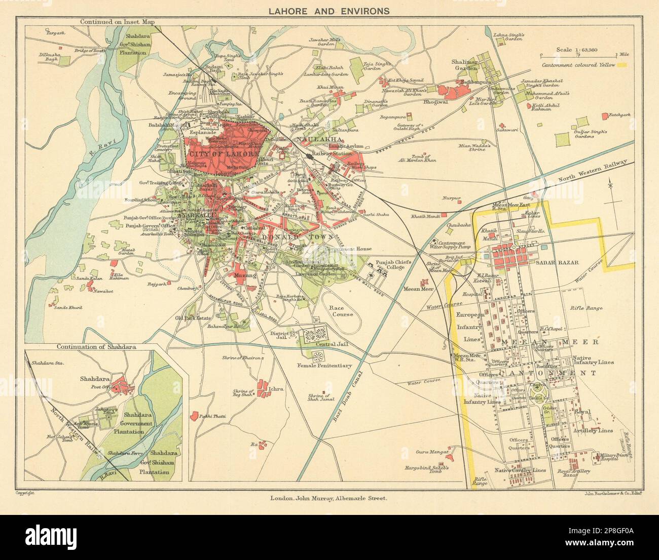 PAKISTAN. Plan de la ville de Lahore montrant la carte du Cantonment ...