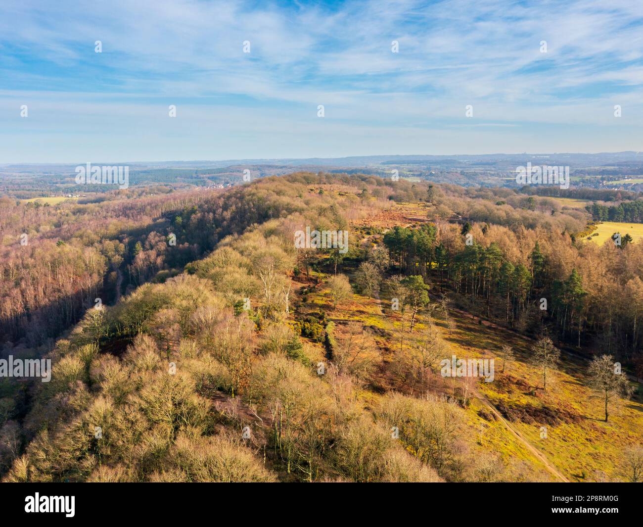 Angleterre, West Midlands, Kinver Edge. Vue aérienne de la crête de ...