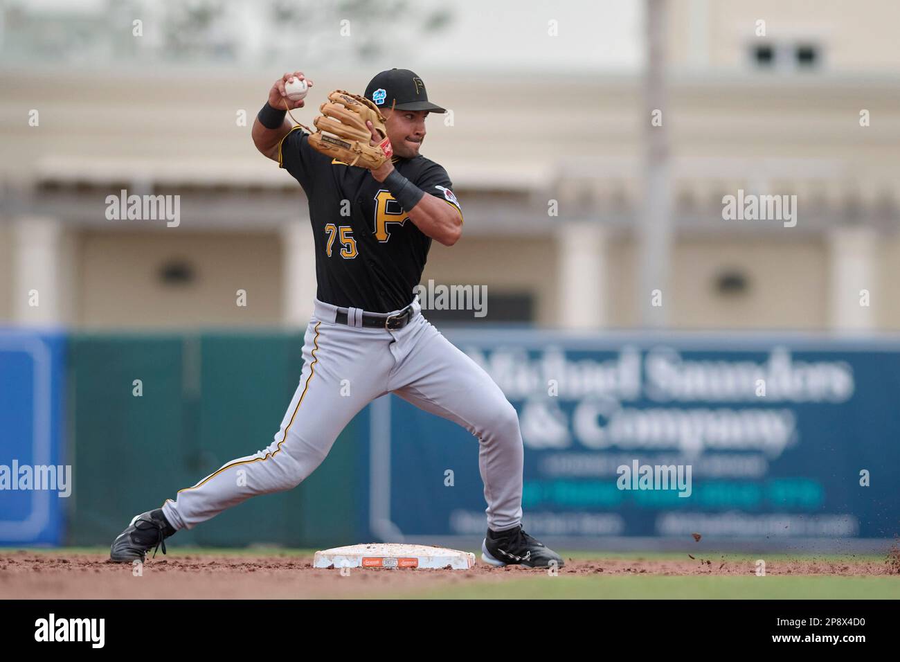 Pittsburgh Pirates seconed baseman Nick Gonzales (75) throws to first ...