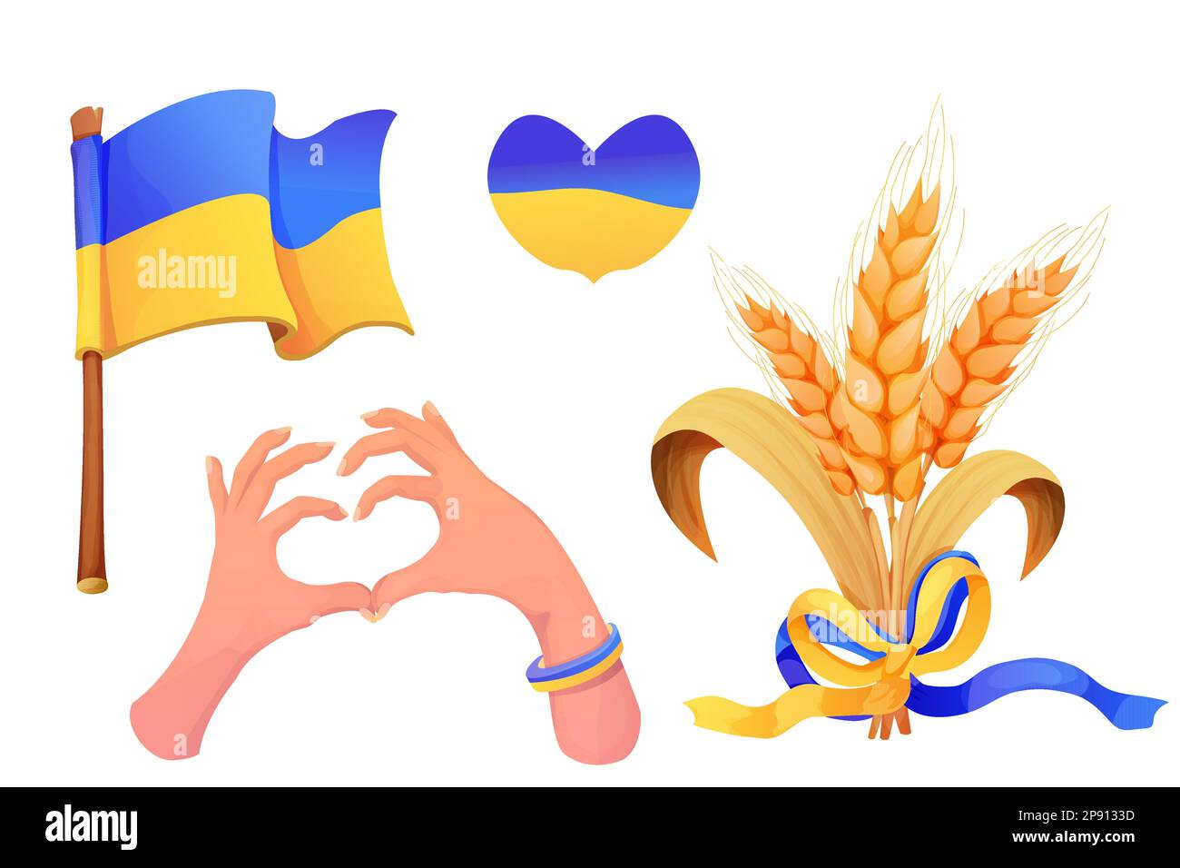 Ensemble de symboles ukrainiens drapeau, mains en forme de coeur ...