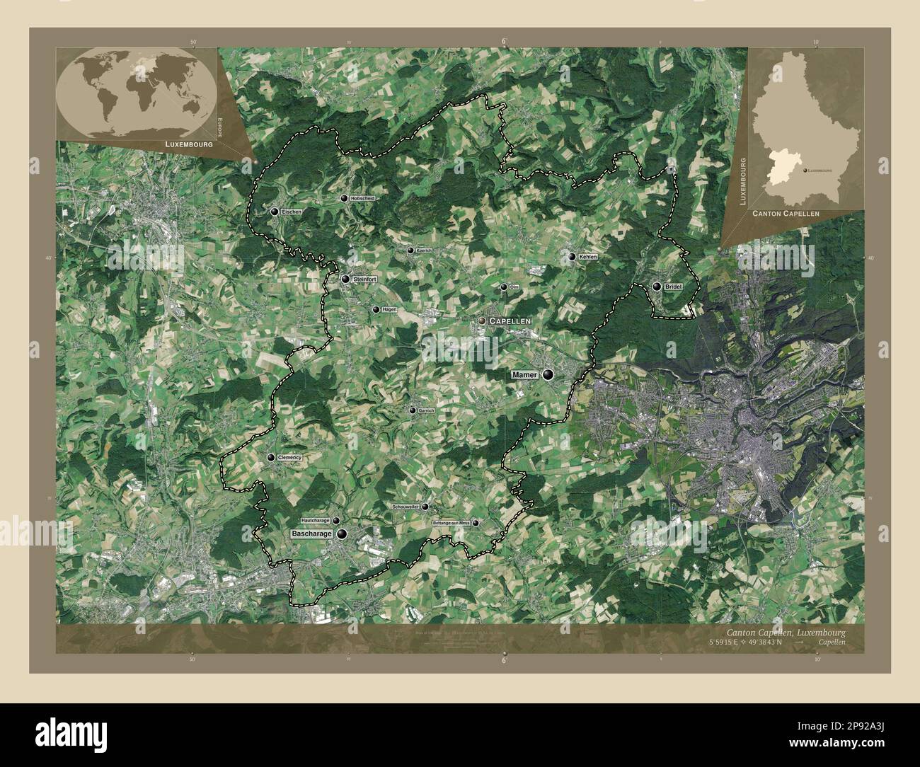 Canton de Capellen, canton du Luxembourg. Carte satellite haute résolution. Lieux et noms des ...
