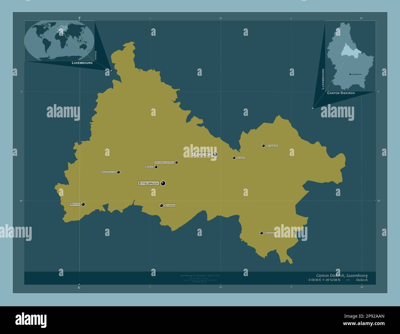 Canton de Diekirch, canton du Luxembourg. Forme de couleur unie. Lieux ...