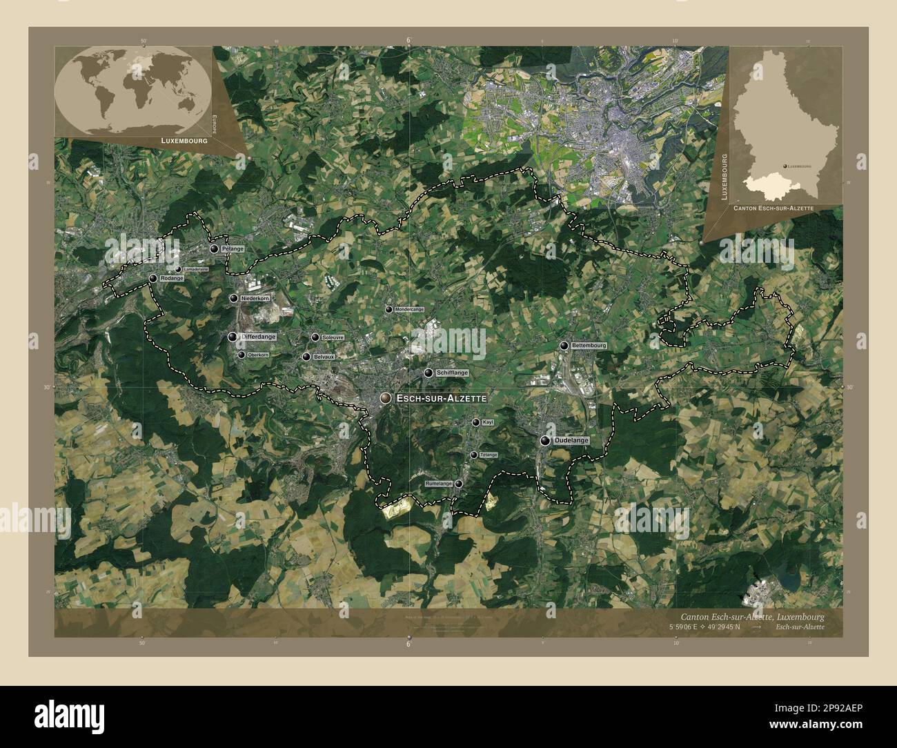 Canton d'Esch-sur-Alzette, canton du Luxembourg. Carte satellite haute ...