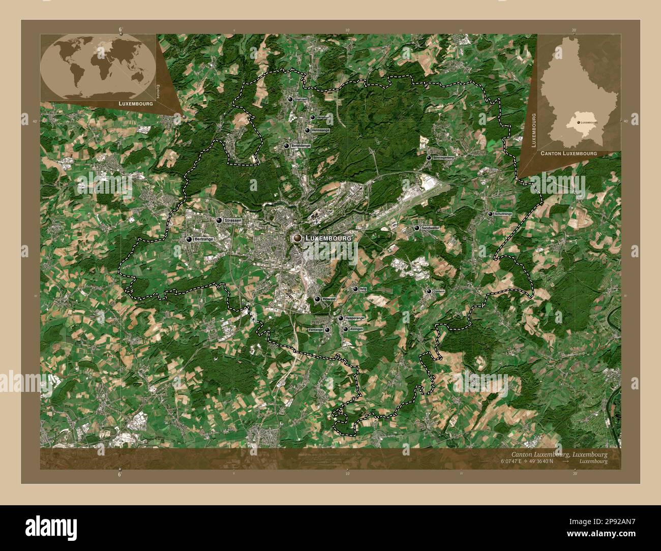 Canton du Luxembourg, canton du Luxembourg. Carte satellite basse résolution. Lieux et noms des ...