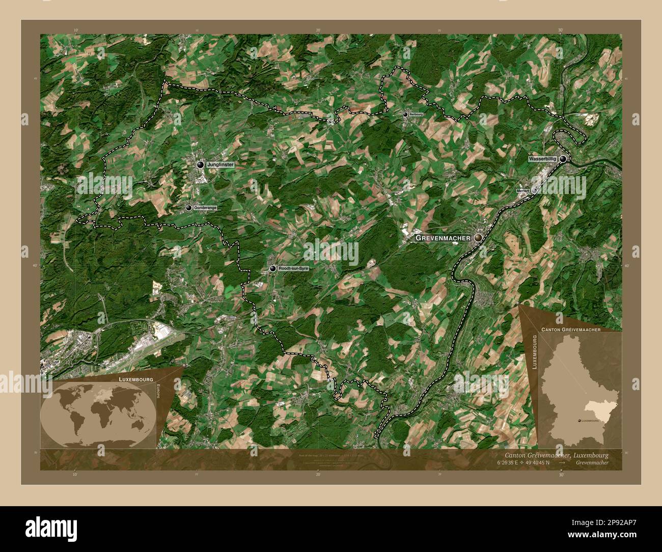 Canton de Luxembourg. Carte satellite basse résolution. Lieux et noms des principales villes de ...