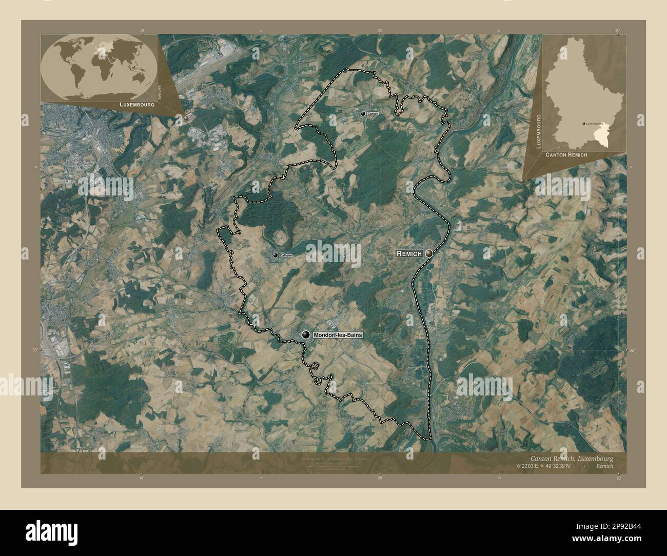 Canton de Luxembourg. Carte satellite haute résolution. Lieux et noms des principales villes de ...