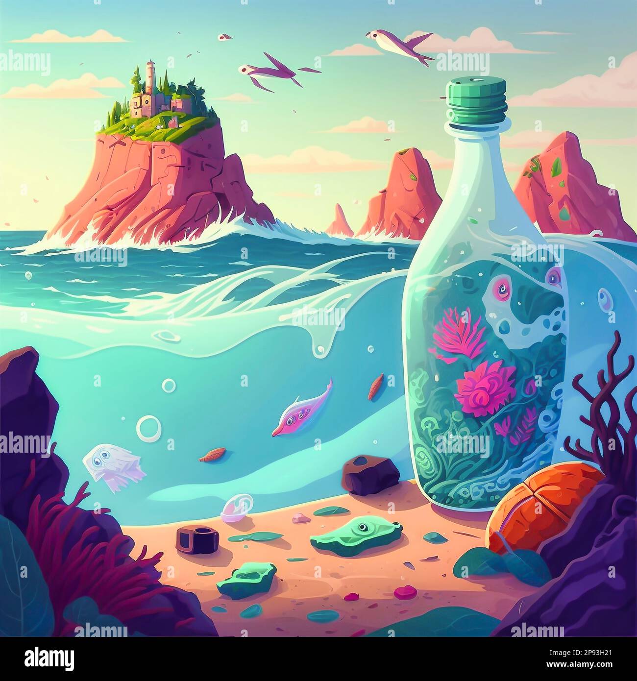 Image de style dessin animé, pollution plastique de la mer, destruction ...
