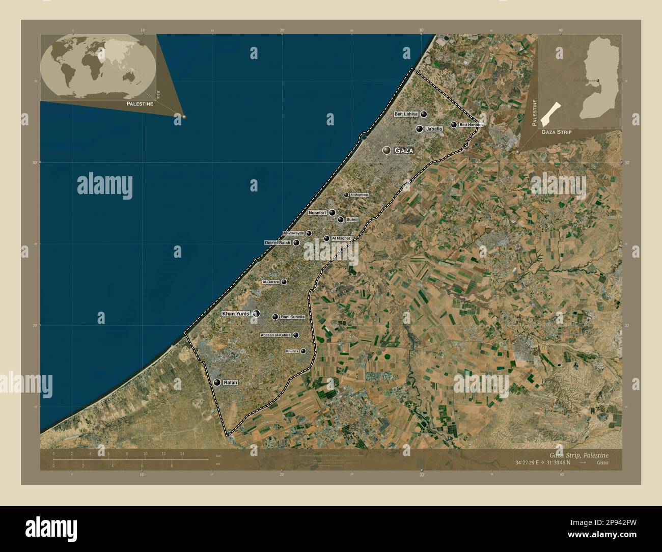 Bande de Gaza, région de Palestine. Carte satellite haute résolution ...