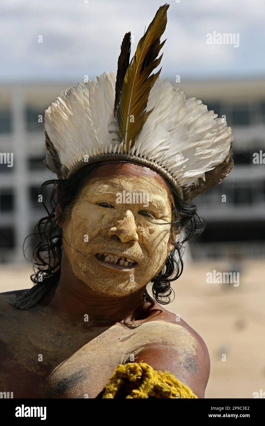 An Indian of the Amazonian Koruba tribe protests in Brasilia, Wednesday ...