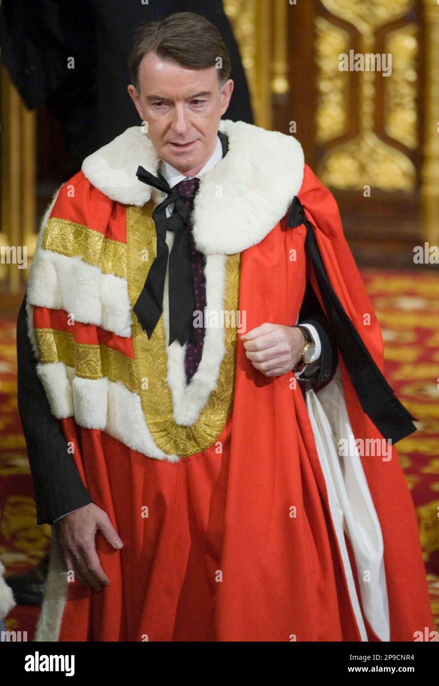 Former European Union Trade Commissioner Peter Mandleson, wearing his ...