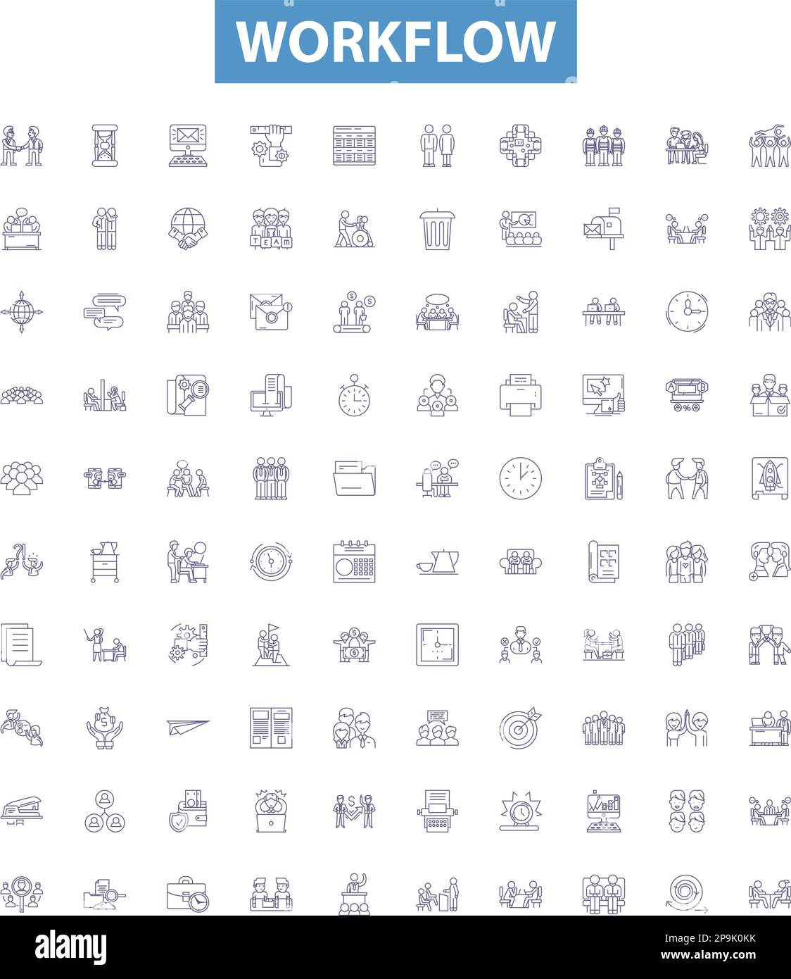 Icônes de ligne de flux de travail, ensemble d'affiches. Processus ...