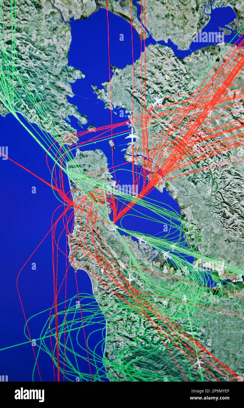 The flight paths of arrivals, in green, and departures, in red, into ...