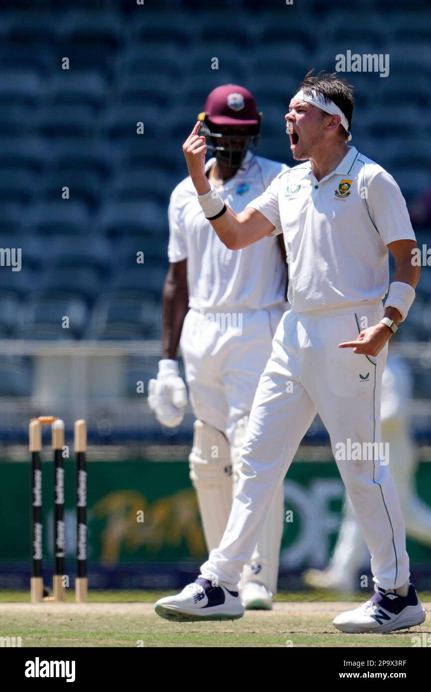 South Africa's bowler Gerald Coetzee celebrates after dismissing West ...