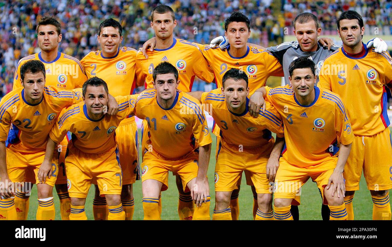 Romania's national soccer team players, top row from left, Adrian Mutu ...