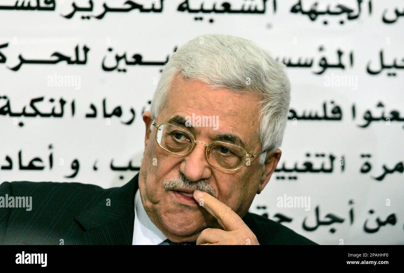 Palestinian President Mahmoud Abbas looks on during a ceremony to mark ...